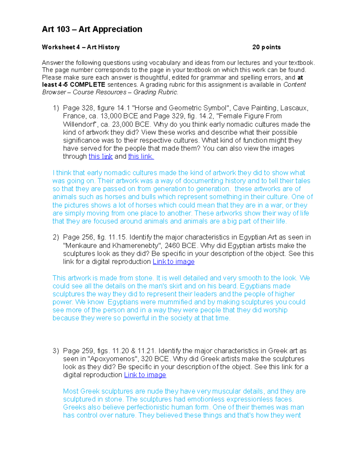 Worksheet 4 Art 103 - Answer the following questions using vocabulary ...