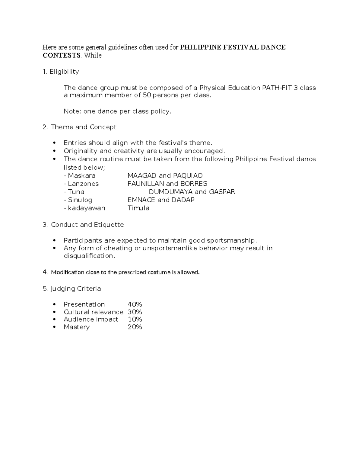 Festival- Dance- Guidelines - Here are some general guidelines often ...