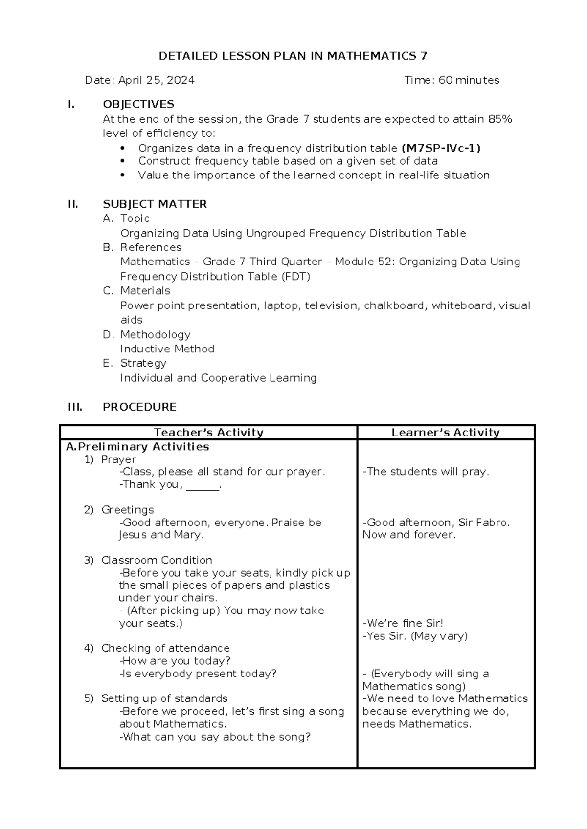 FDT Lesson PLAN- Fabro - DETAILED LESSON PLAN IN MATHEMATICS 7 Date ...