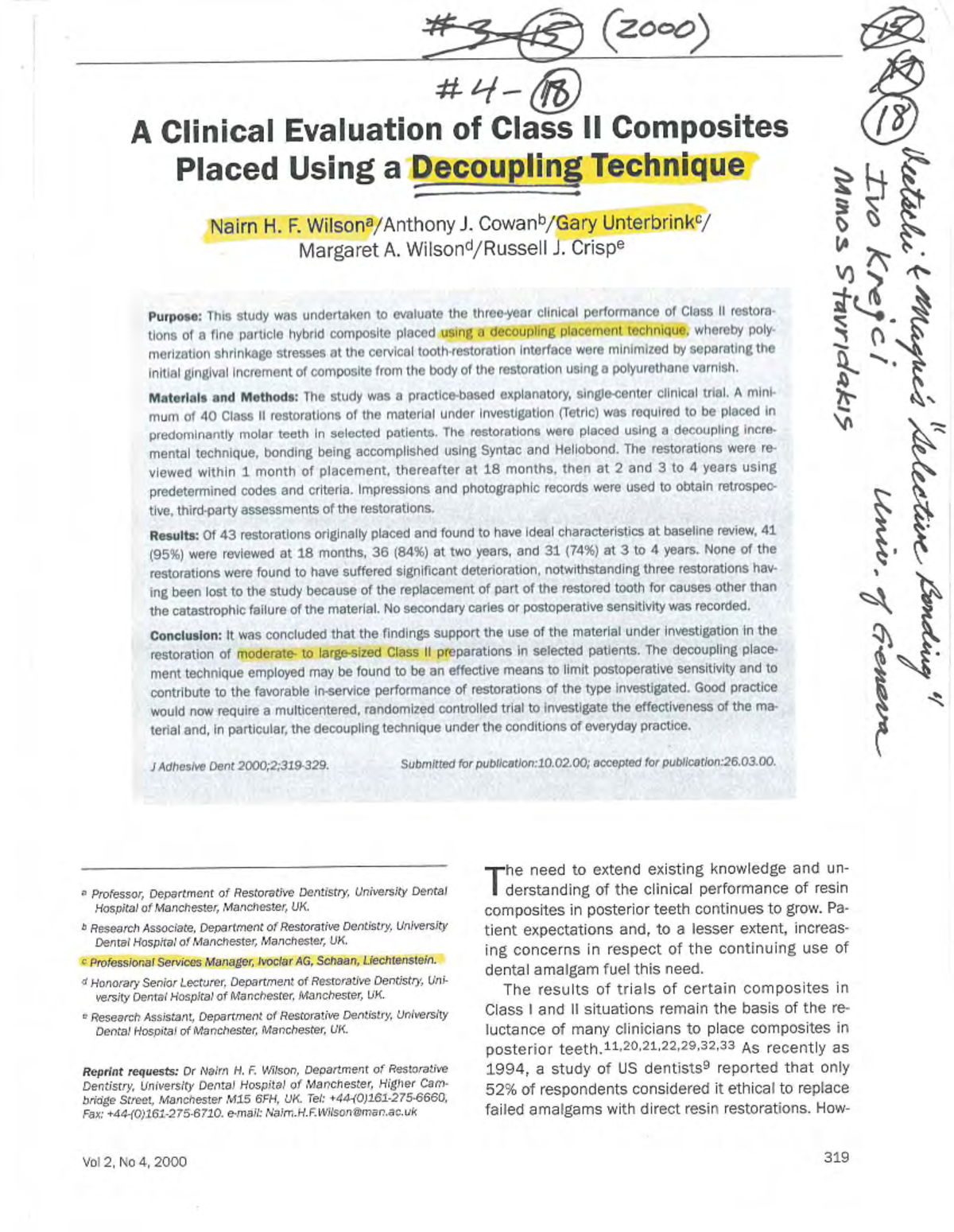3-12 Wilson NHF, Cowan AJ, Unterbrink G, Wilson MA, Crisp RJ. A ...