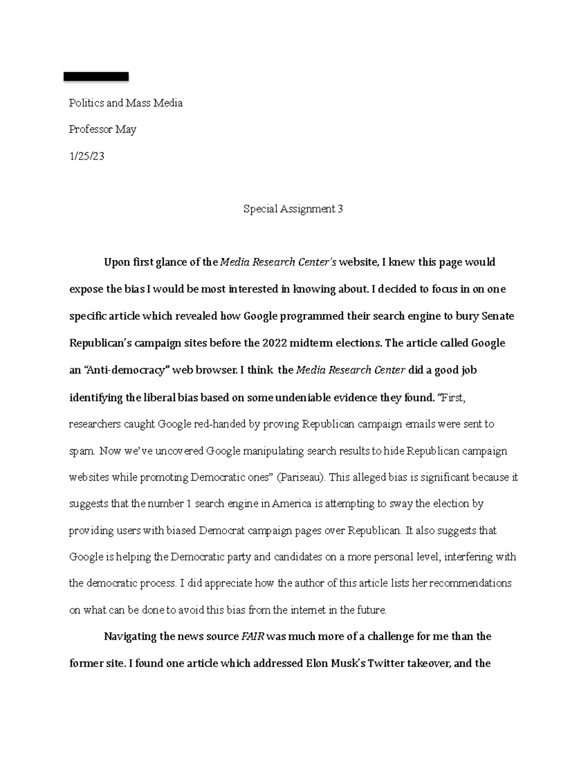 Special Assignment 3 Emma Arns Politics And Mass Media Professor May 1 25 Special Assignment
