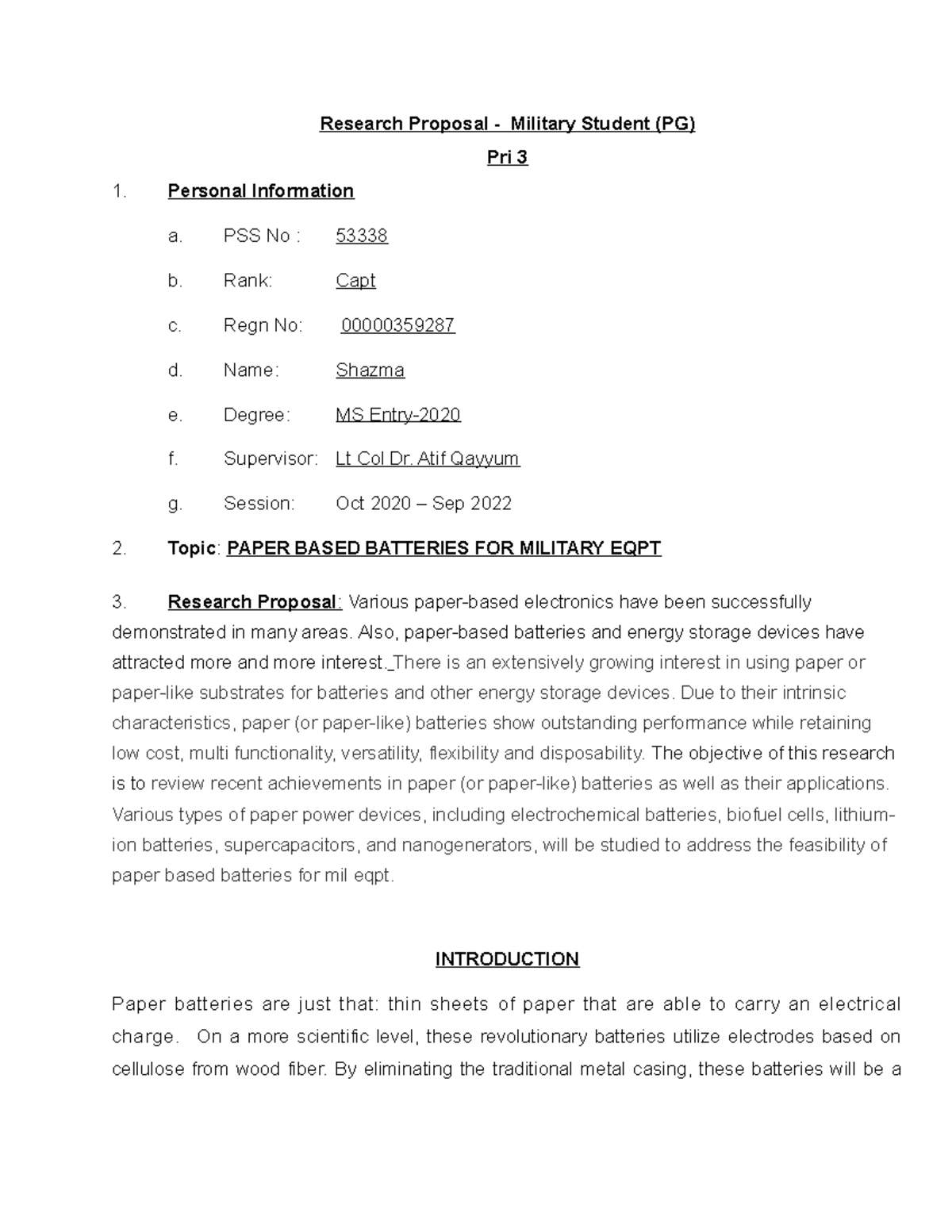 Research Proposal pri 3 - Research Proposal - Military Student (PG) Pri ...