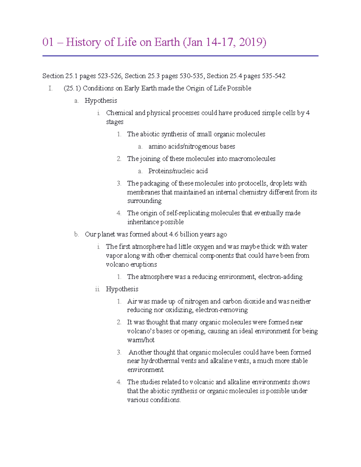 01- History of Life - Lecture notes Chapter 1 - 01 – History of Life on ...