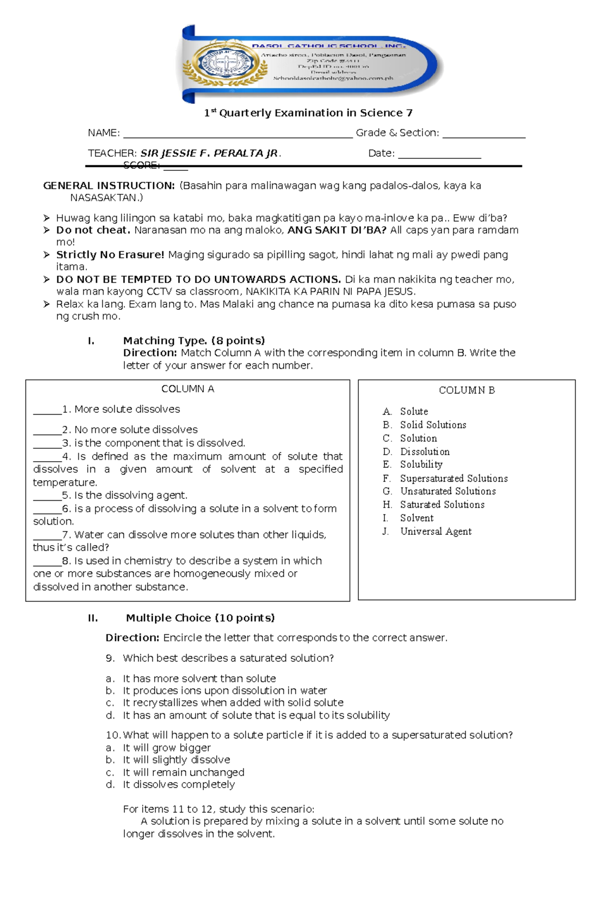 Science 7 Q1 Periodical Examination - 1 st Quarterly Examination in ...