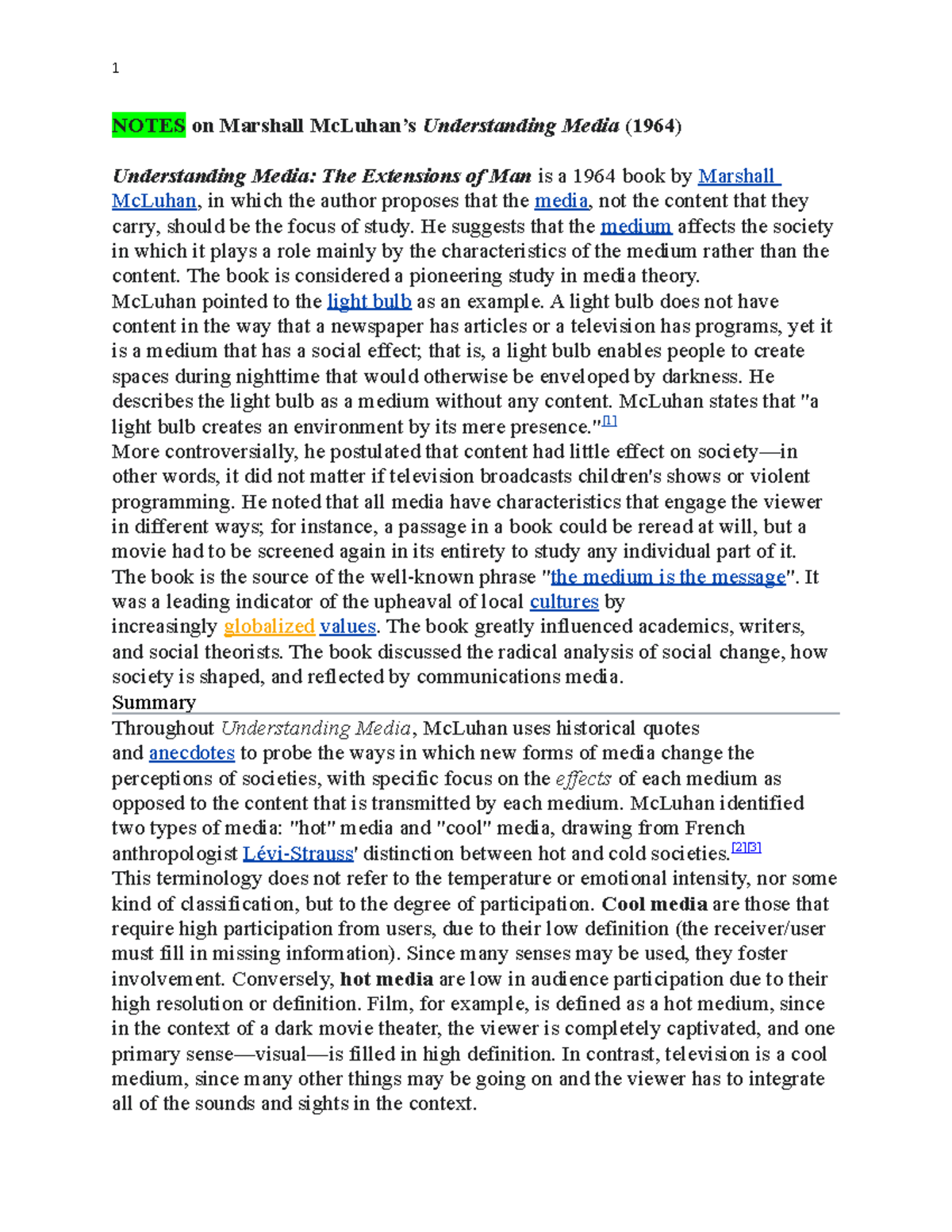 Mc Luhan Understanding Media 1964 summary - NOTES on Marshall McLuhan’s ...