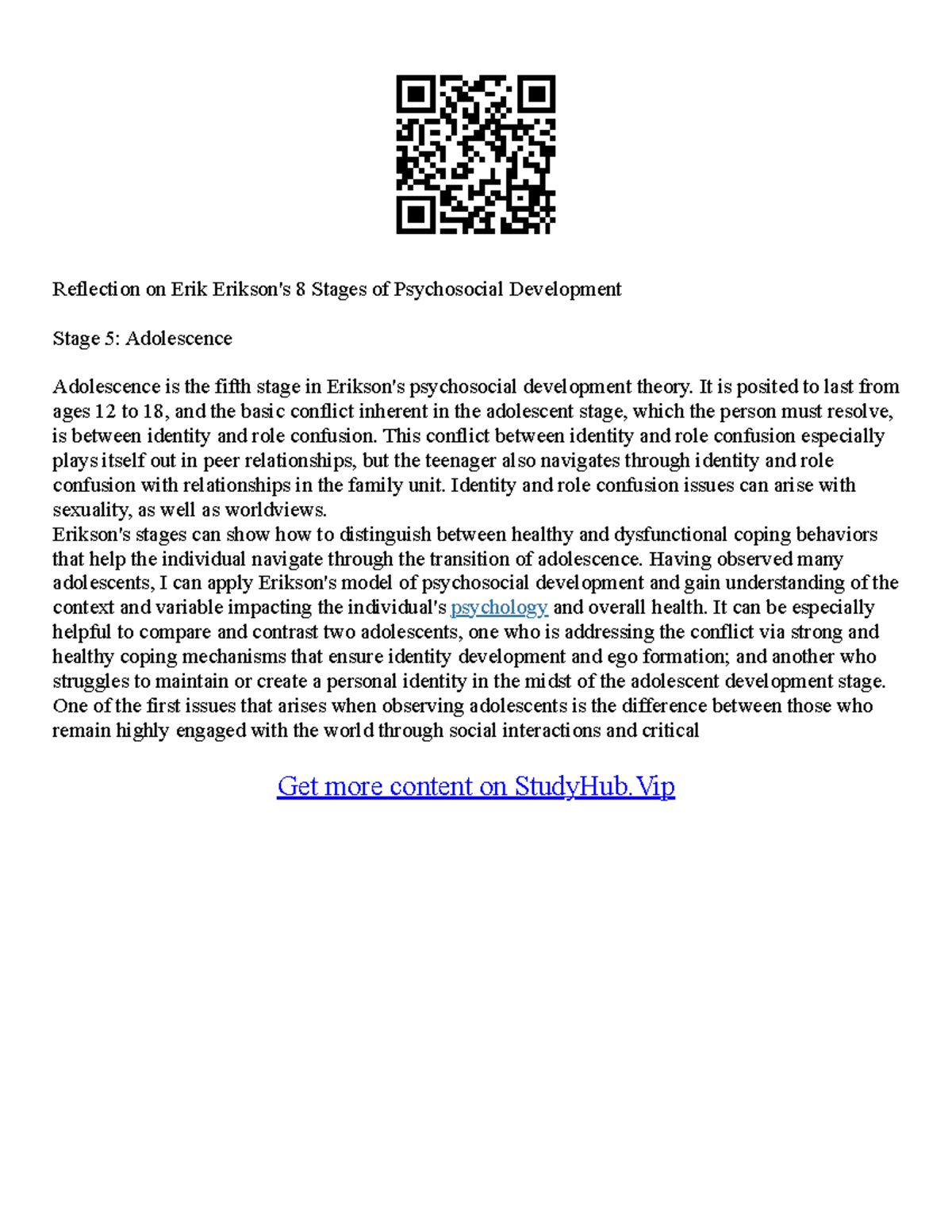 Erik Erikson Essay - Reflection on Erik Erikson's 8 Stages of ...