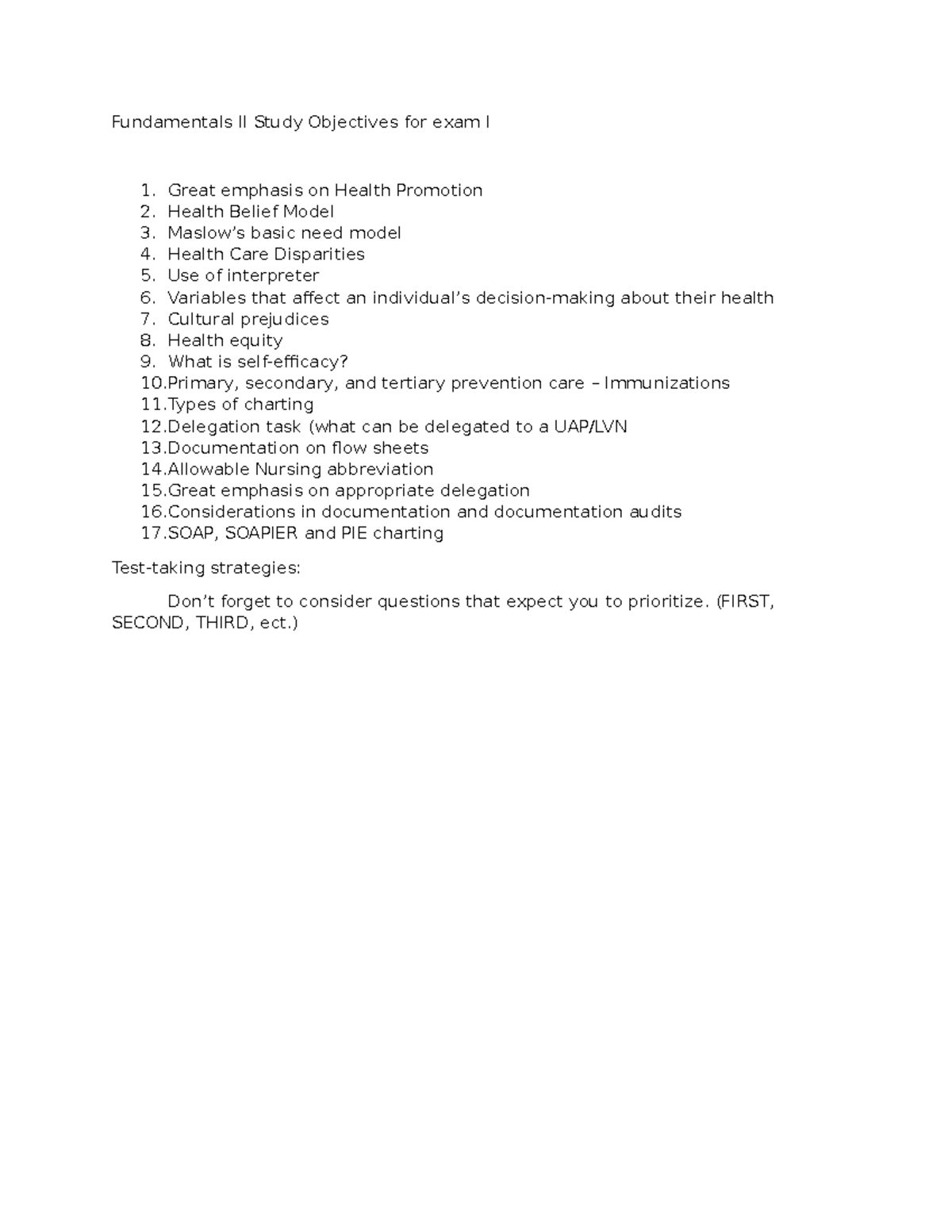 Fundamentals II Study Objectives for exam I - Great emphasis on Health ...