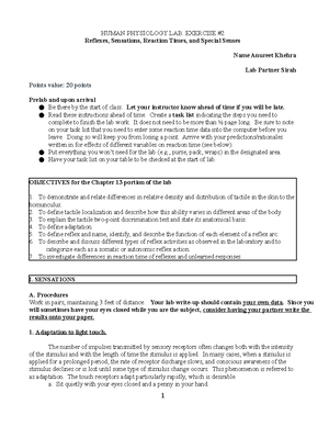 Lab 2 Sensations and Reflexes - Lab 2: Sensations and Reflexes (adapted ...
