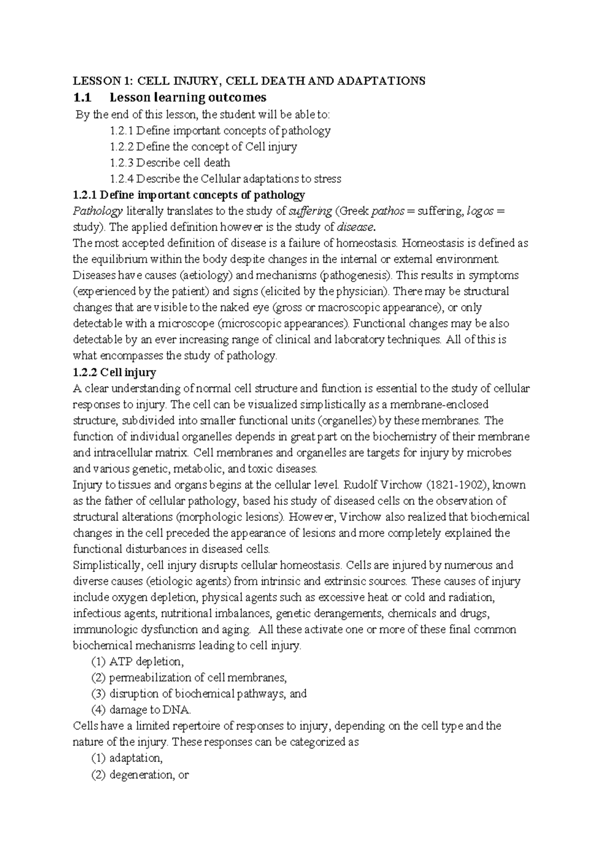 Pathology- Lecture 1 - LESSON 1: CELL INJURY, CELL DEATH AND ...