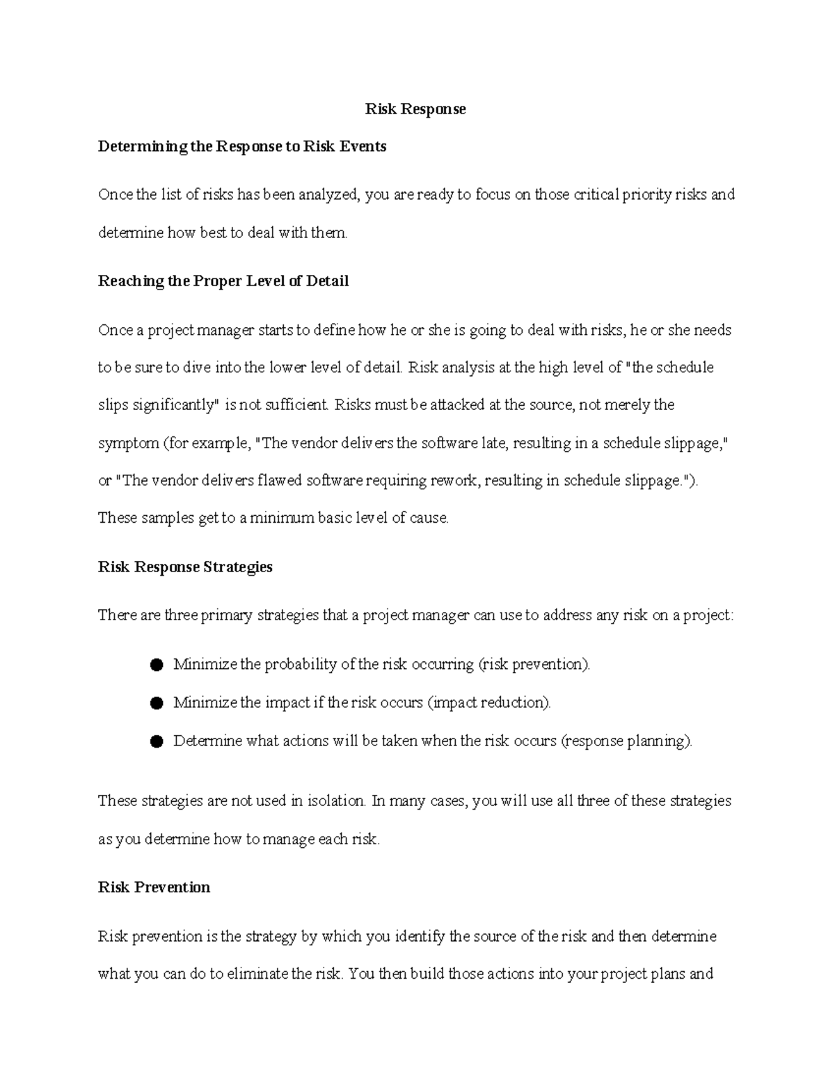 Risk Response - Risk Response Determining the Response to Risk Events ...