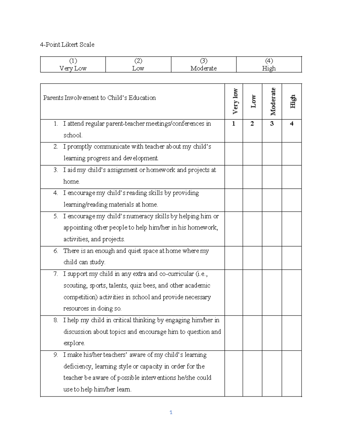 Quetionnaire - Questionaire of Research - 4-Point Likert Scale (1) Very ...