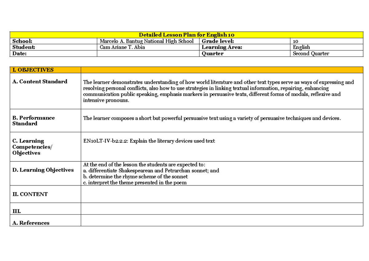 G10. Petrarchan AND Shakespearean Sonnet - Detailed Lesson Plan for ...
