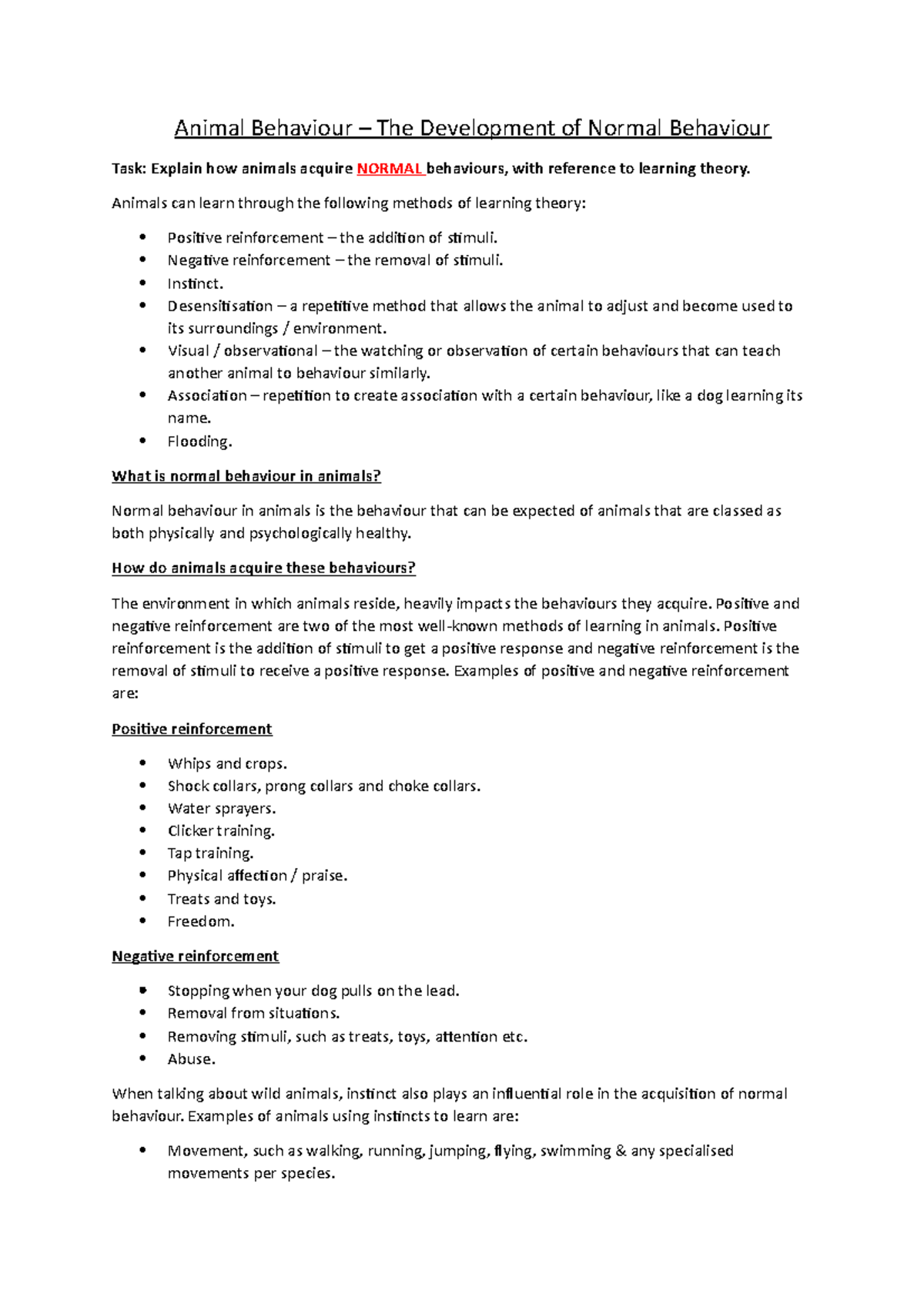 Animal Behaviour: Acquiring Normal Behaviours through Learning Theory ...