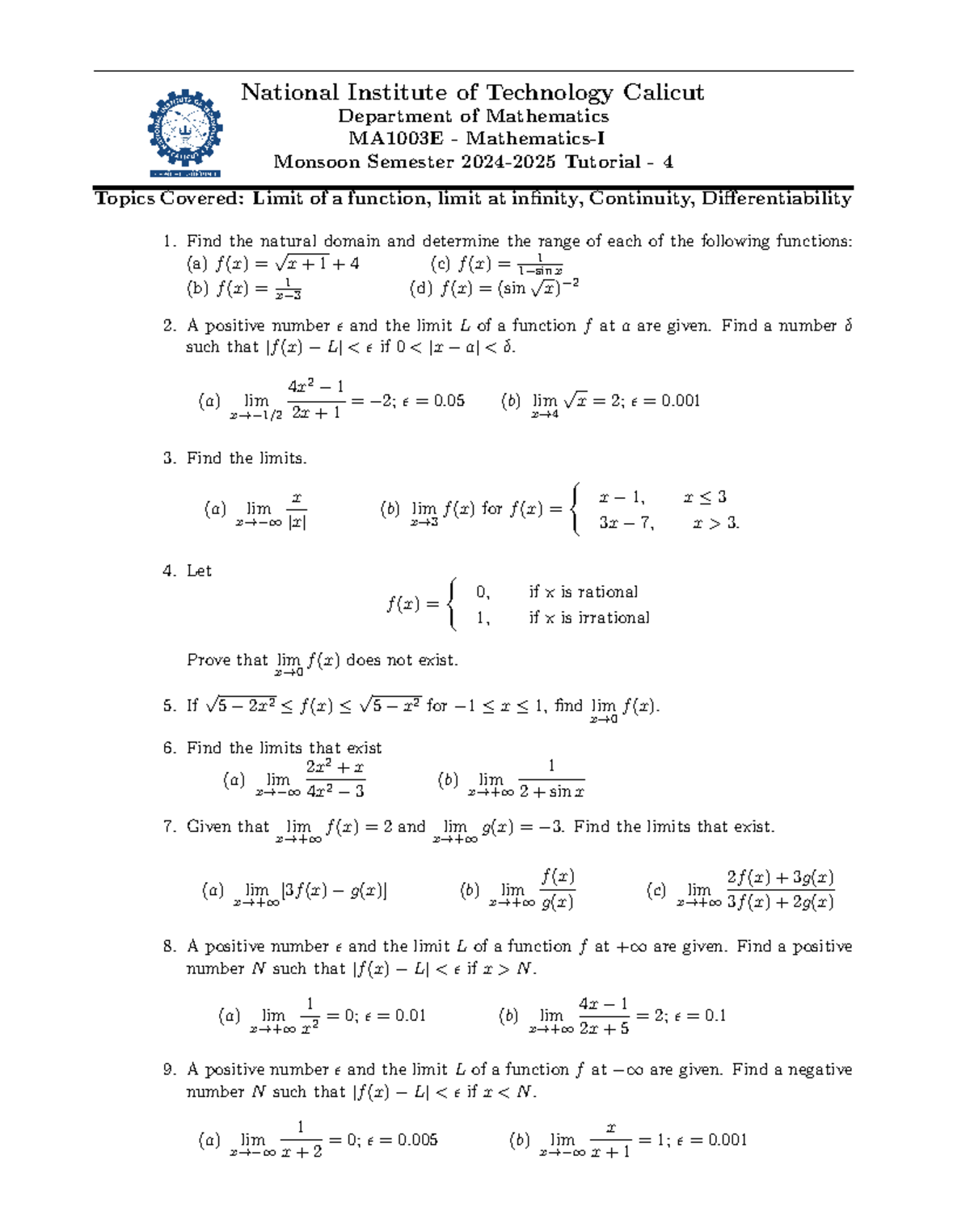 Tutorial Sheet 4 - National Institute of Technology Calicut Department ...