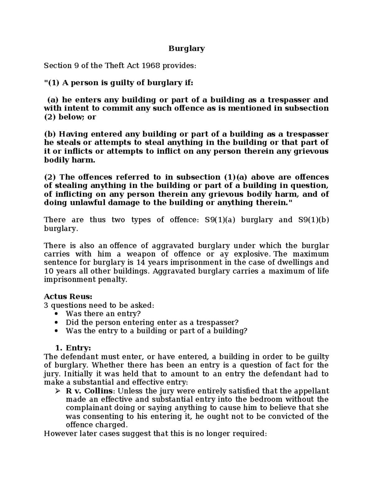 Burglary - Notes for Assignments - Burglary Section 9 of the Theft Act ...