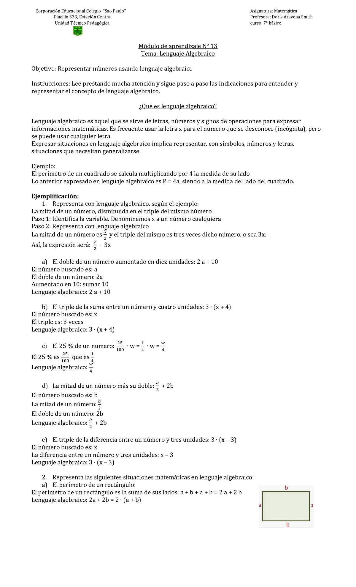 Ma13 Matematica 7°B - Profesora: Doris Aravena Smith curso: 7° básico ...