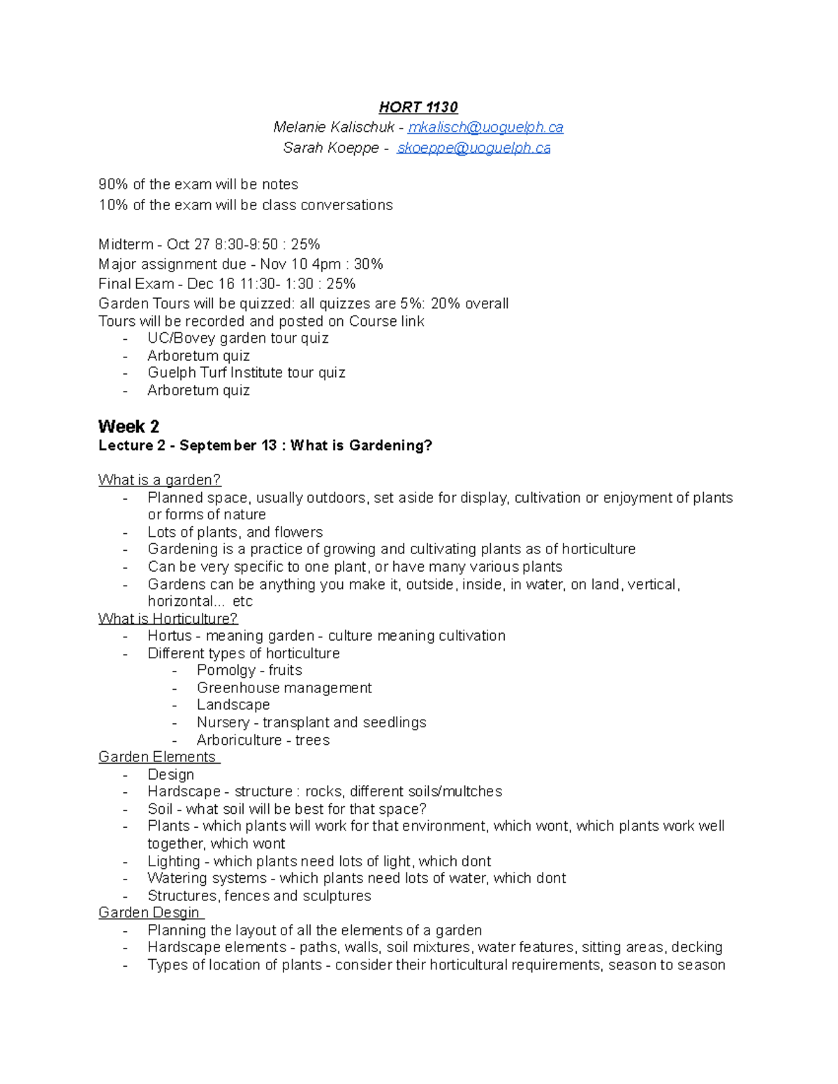 HORT 1130 Notes - HORT 1130 Melanie Kalischuk - mkalisch@uoguelph Sarah ...