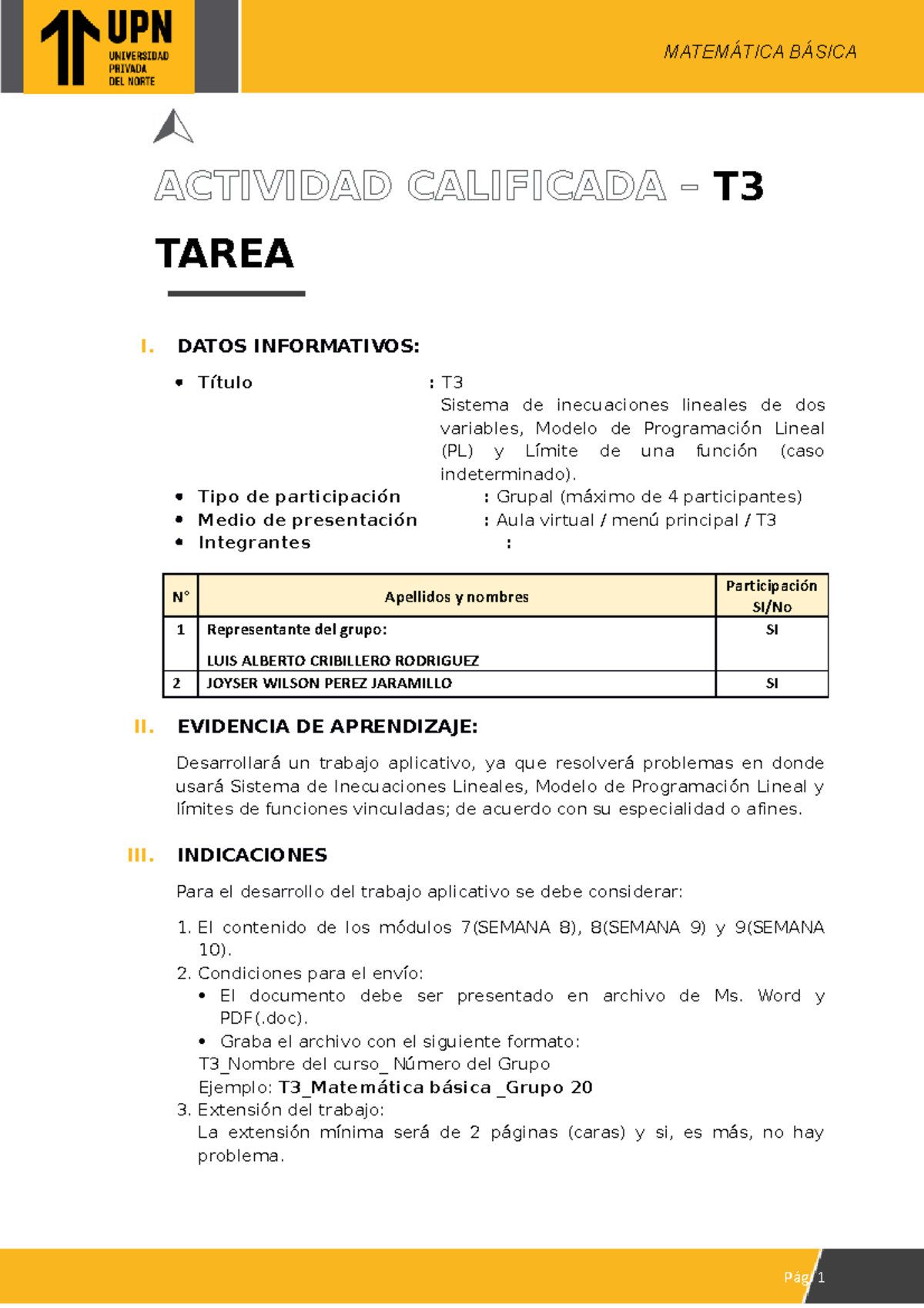 MATH.1100.T3 Actividad Calificada – T3 ( Terminado) - ACTIVIDAD CALIFICADA – T TAREA I. DATOS ...