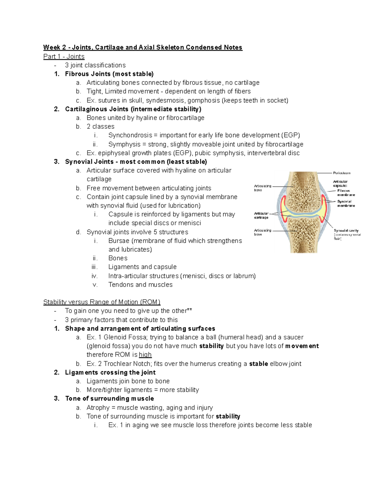 Week 2 - Condensed Notes - Week 2 - Joints, Cartilage and Axial ...