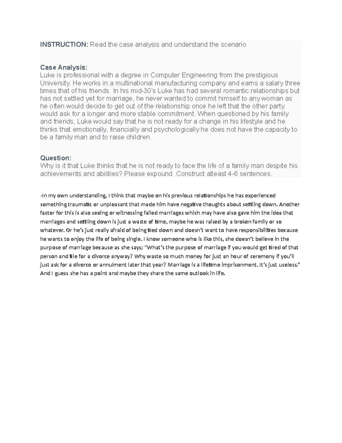 CASE Study for Understanding the Self - INSTRUCTION: Read the case ...