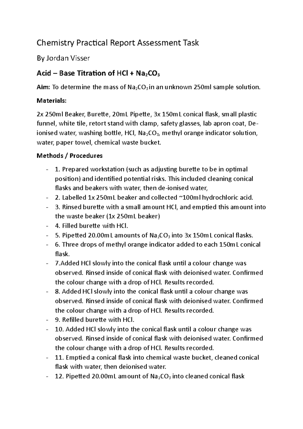 Science Practical Report Assessment Task - Chemistry Practical Report ...