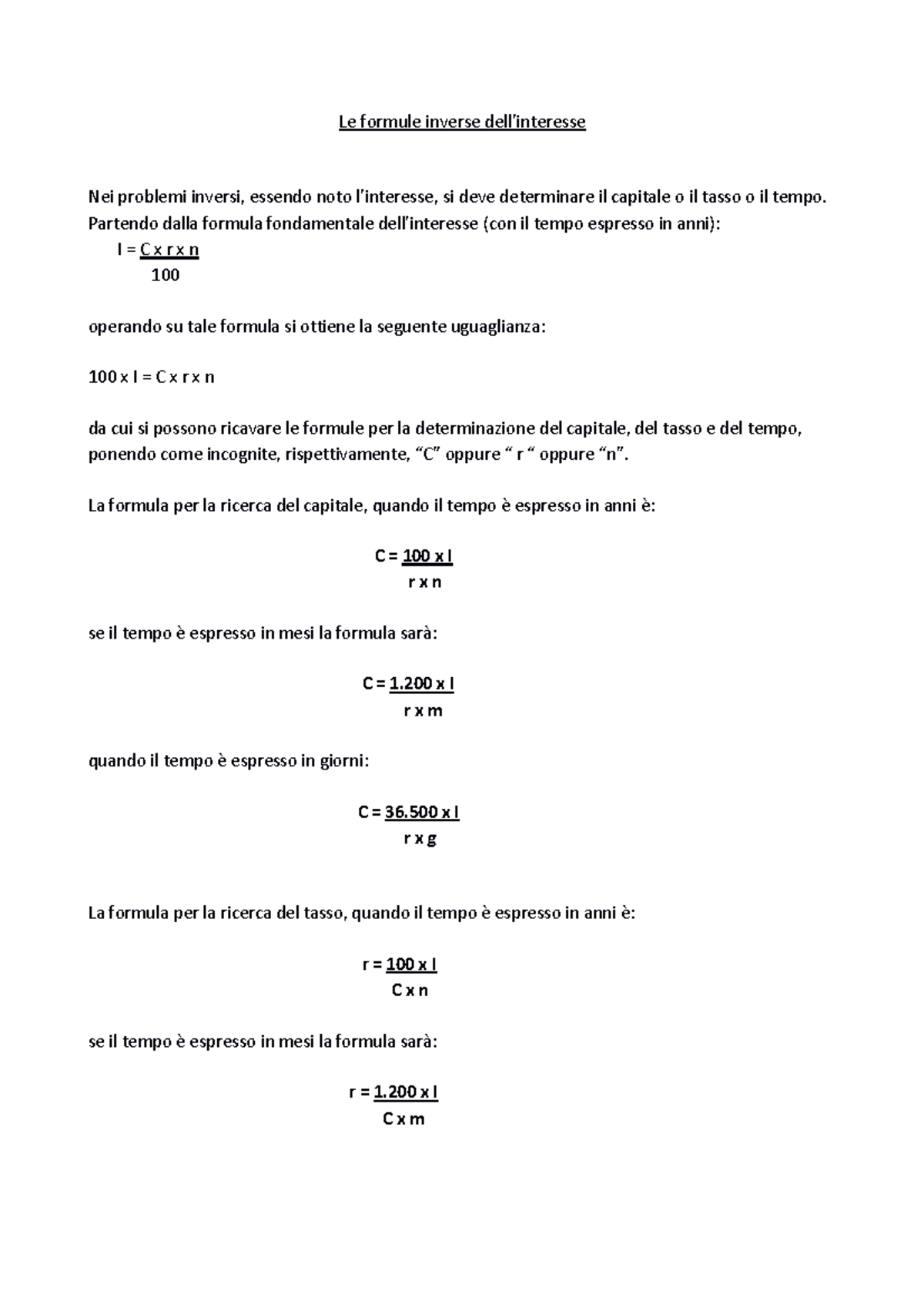 Lezione n. 2 - Le formule inverse dell'interesse - - Studocu