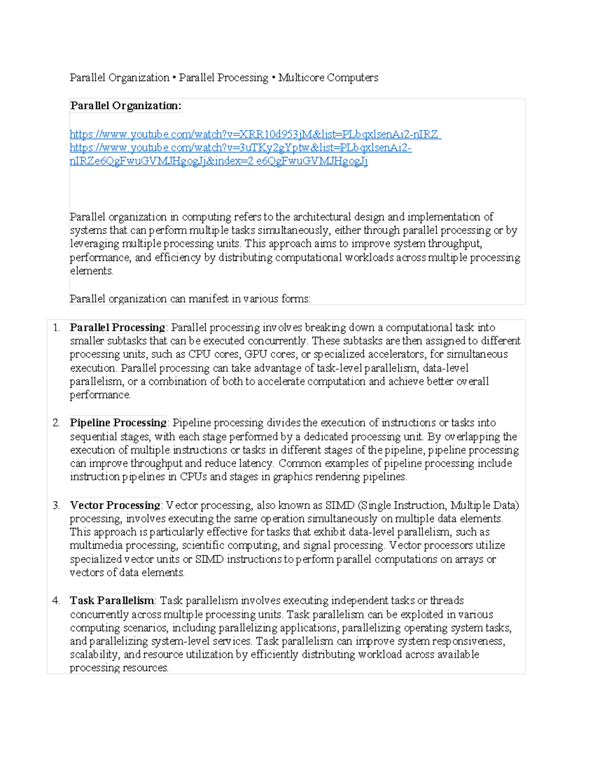 Parallel Organization Parallel Organization Parallel Processing Multicore Computers