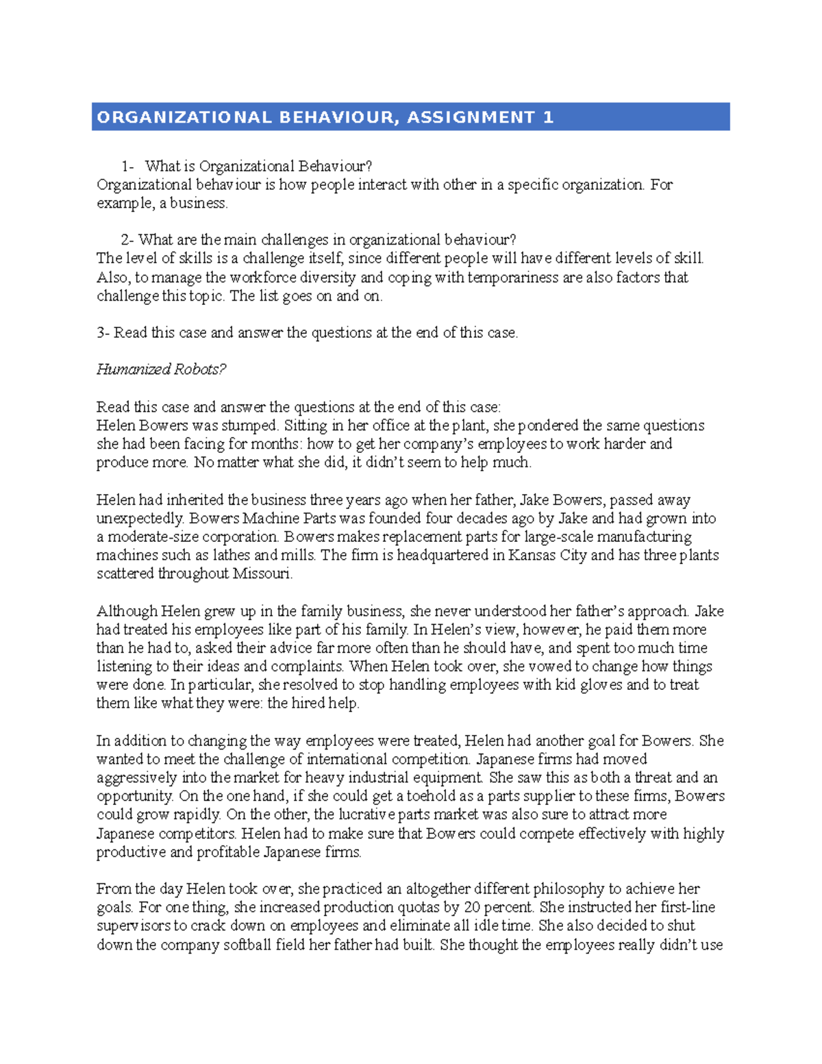 OB - Assignment 1 - 0oooooooooooooooo - ORGANIZATIONAL BEHAVIOUR ...
