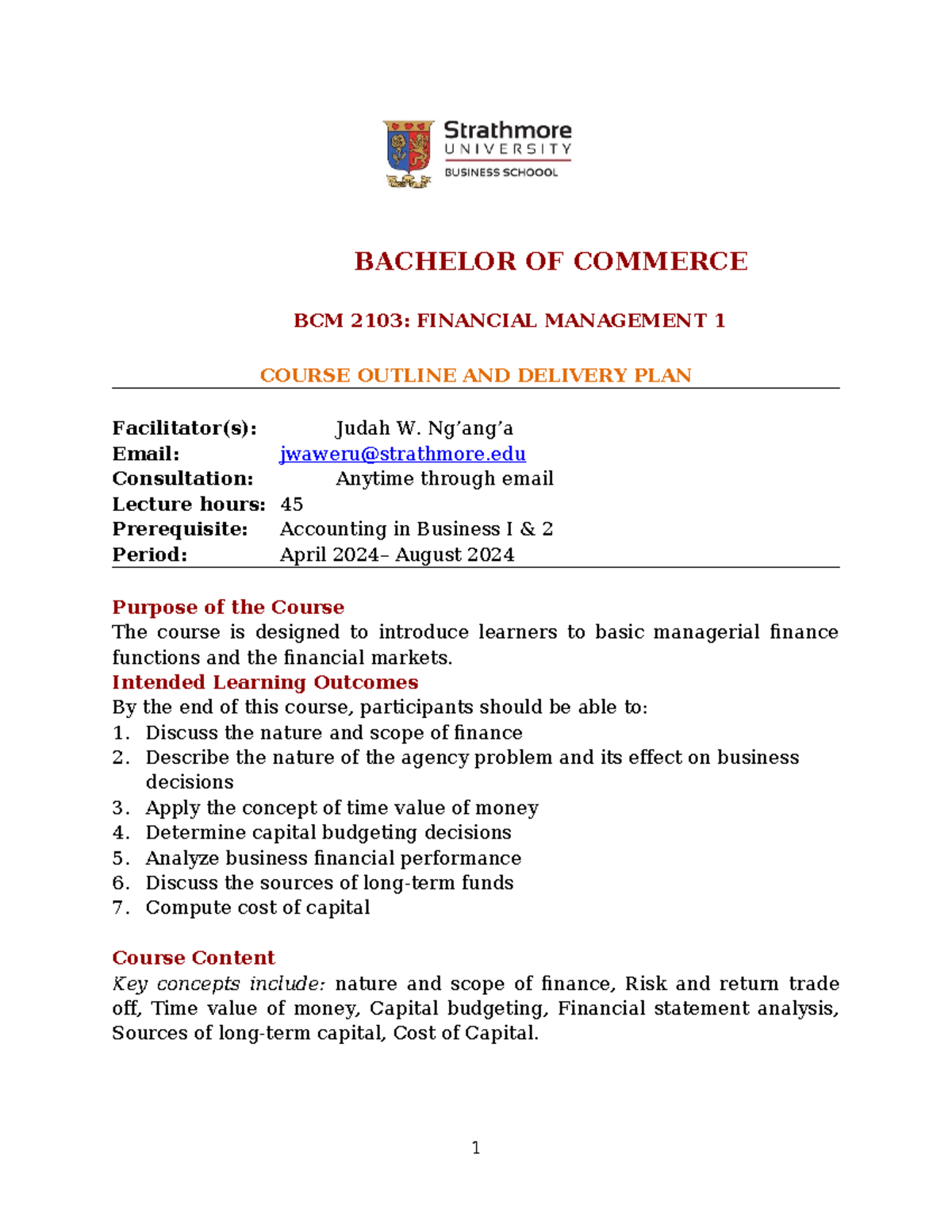 2024 Financial Management Course Outline - BACHELOR OF COMMERCE BCM ...