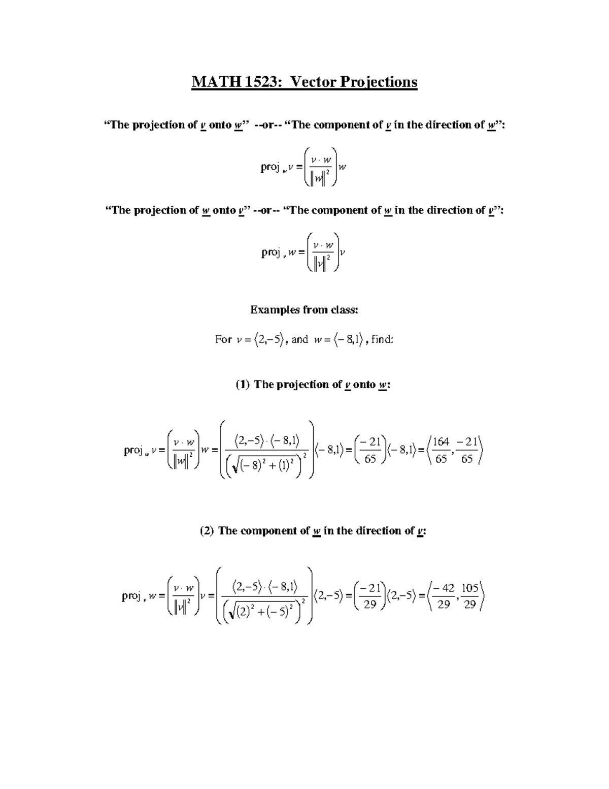 Math 1523 handout - vector projections - MATH 1523 - MATH 1523: Vector ...