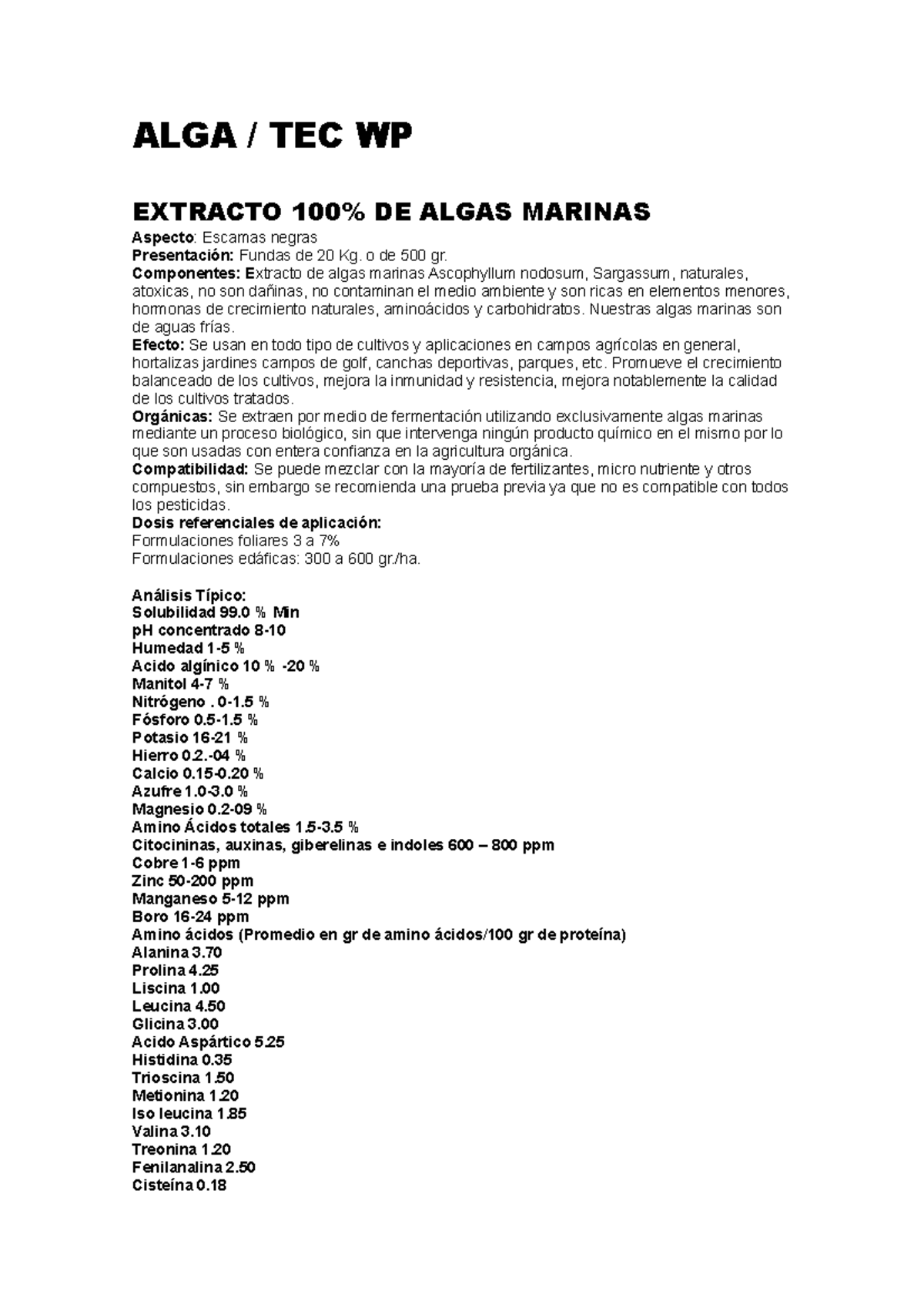 Ficha Tecnica DE Algatec Solido-1 - ALGA / TEC WP EXTRACTO 100% DE ...