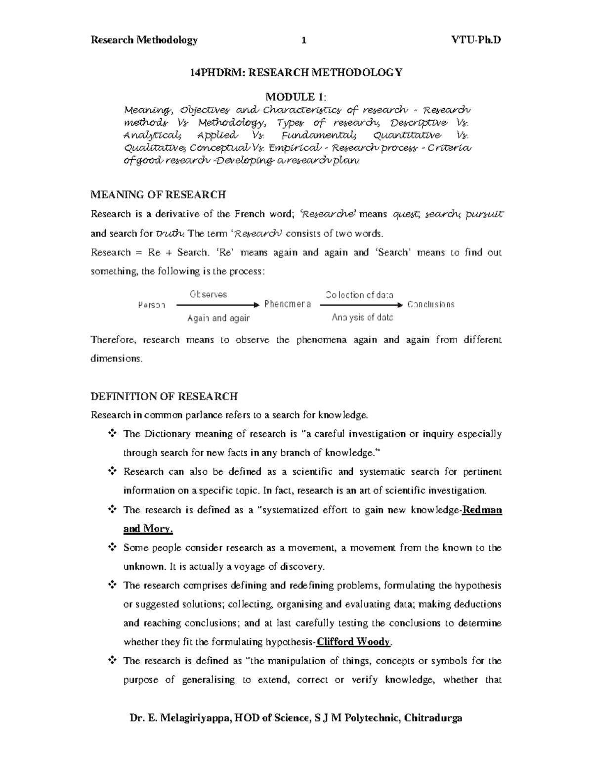 Module-1 - REFER - 14PHDRM: RESEARCH METHODOLOGY MODULE 1 : - Studocu