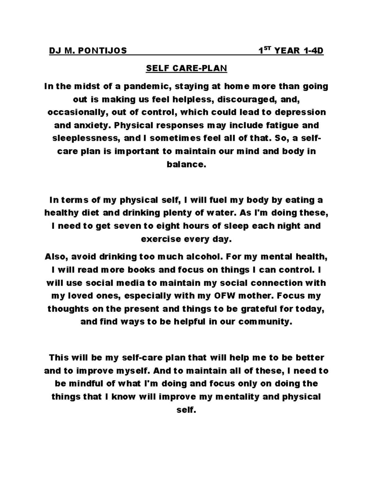 Self Care Plan - Homework for the student that want to study for their ...