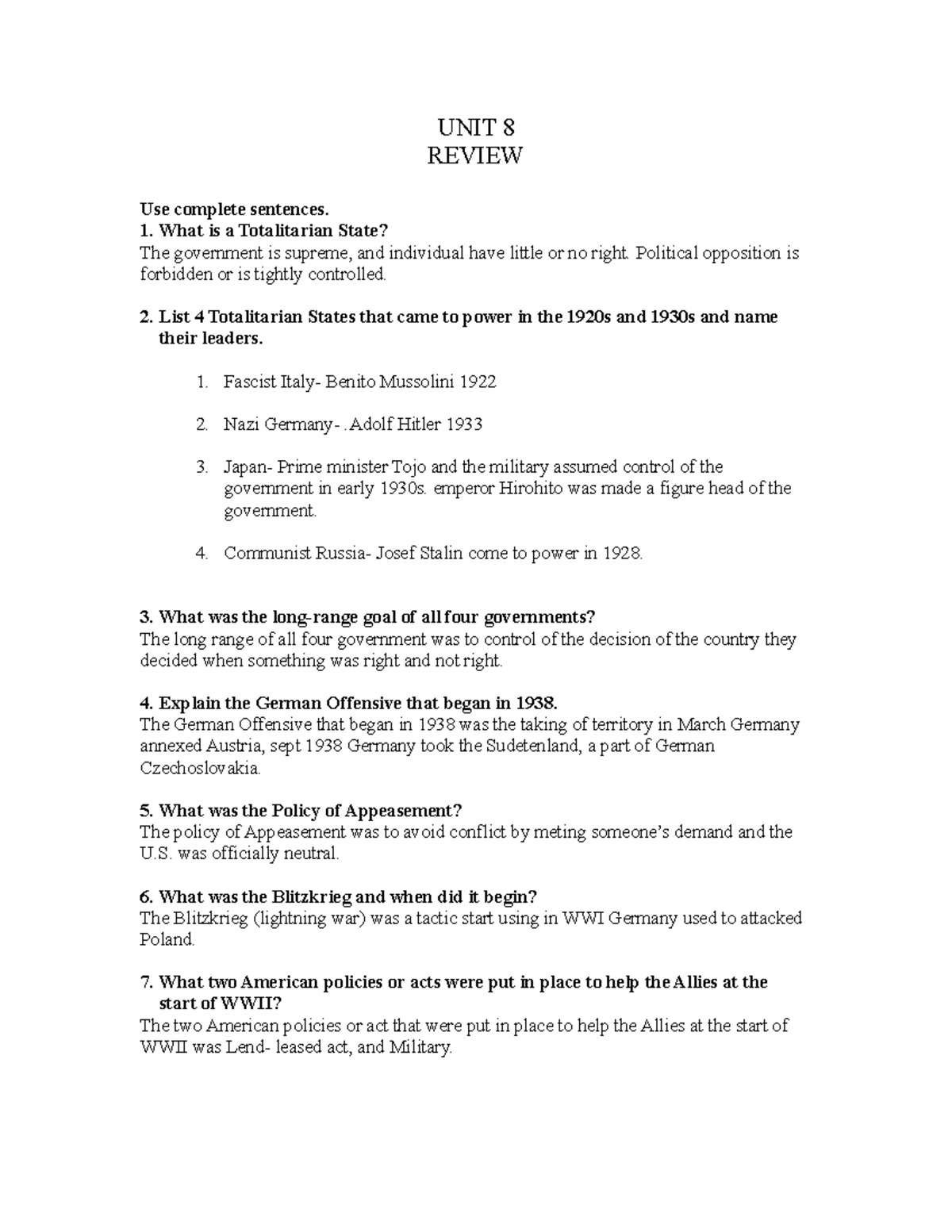 Unit 8 Review answer and question in the same page - UNIT 8 REVIEW ...