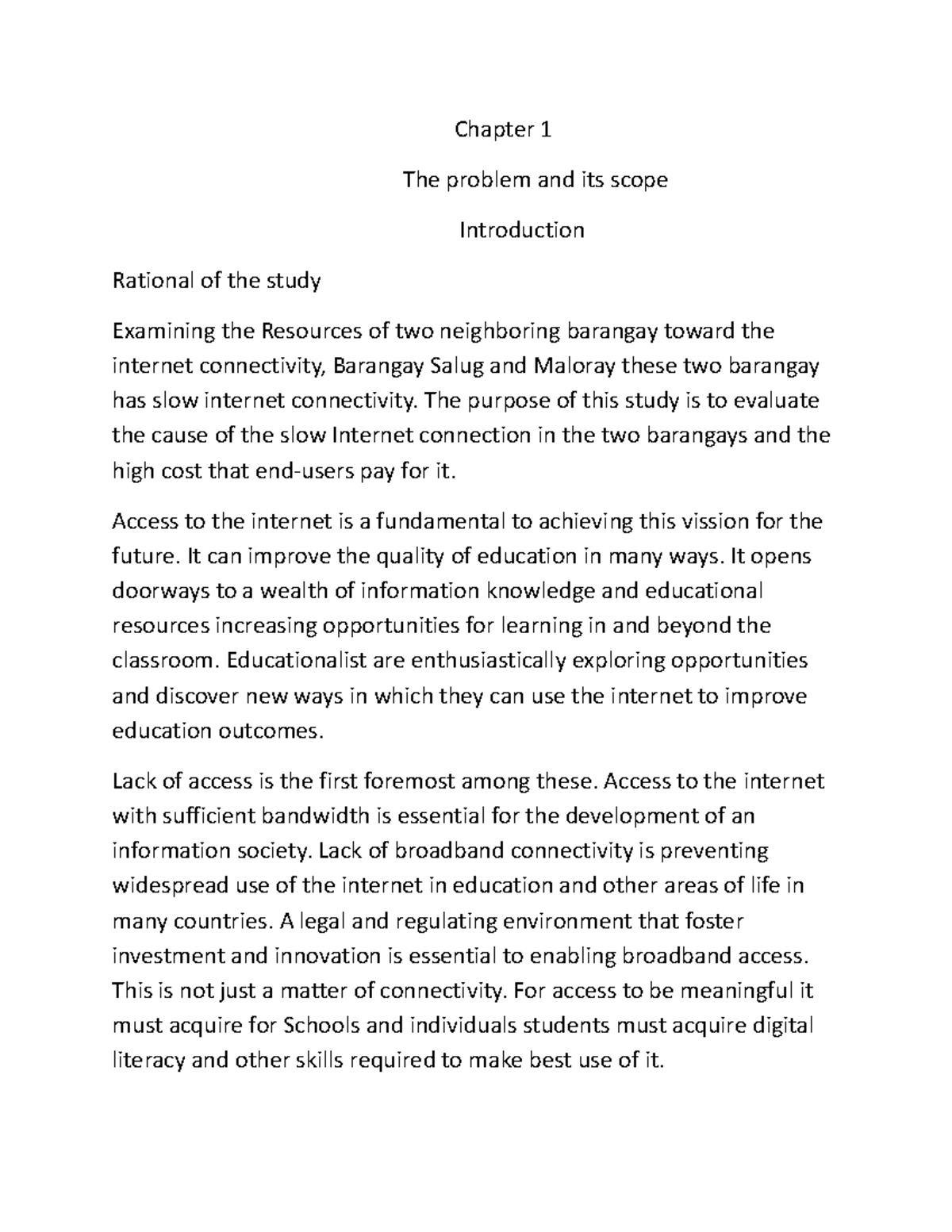 Chapter 1 - Short idean in creating rationale - Chapter 1 The problem and its scope Introduction ...