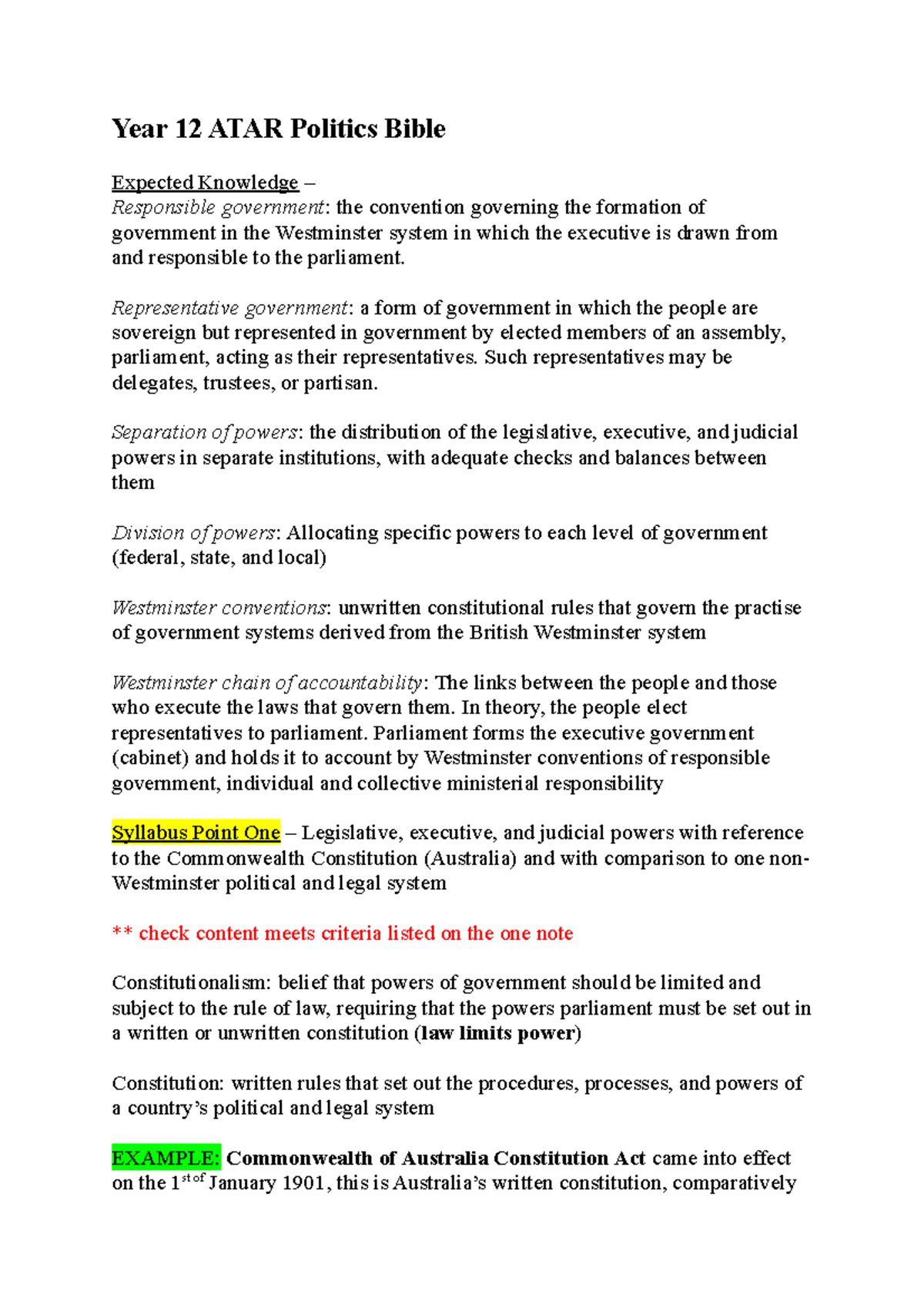 Year 12 ATAR Politics Notes - Year 12 ATAR Politics Bible Expected ...