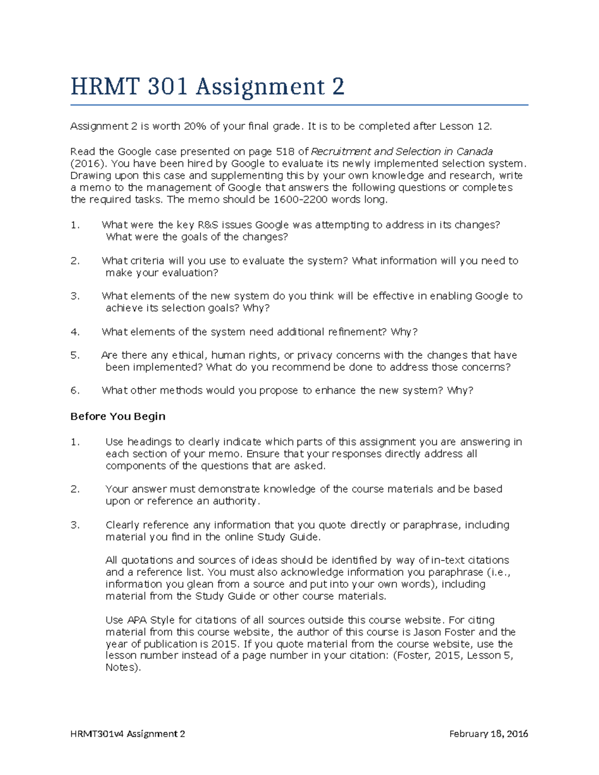 HRMT301 V4 Assignment 2 - HRMT 301 Assignment 2 Assignment 2 is worth ...