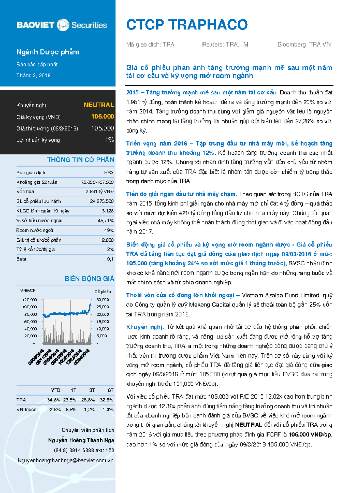 TRA 11032016 BVSC - đề tài Traphaco - CTCP TRAPHACO Mã giao dịch: TRA ...
