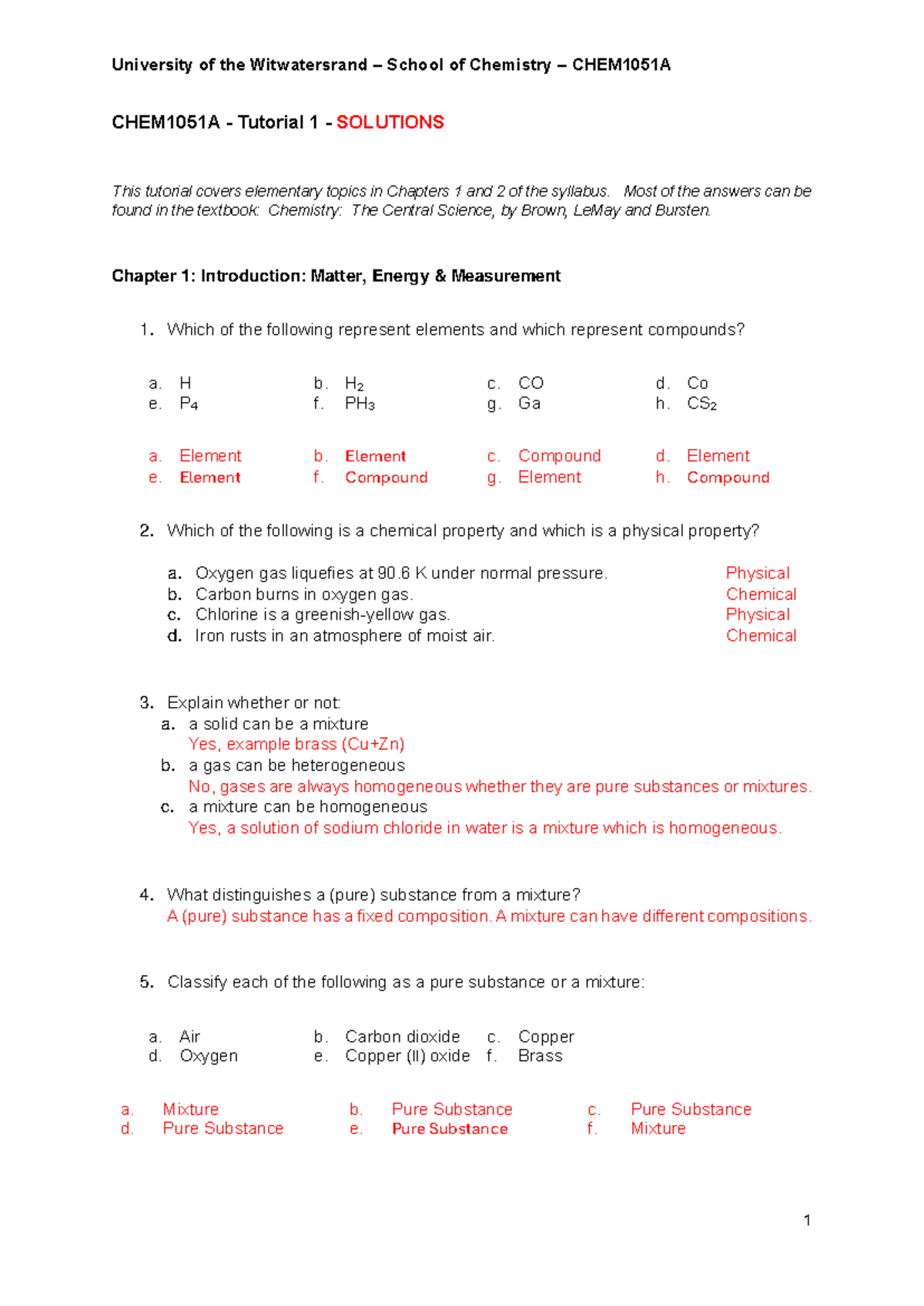 CHEM1051A Tut 1 Solutions 2024 - CHEM1051A - Tutorial 1 - SOLUTIONS ...