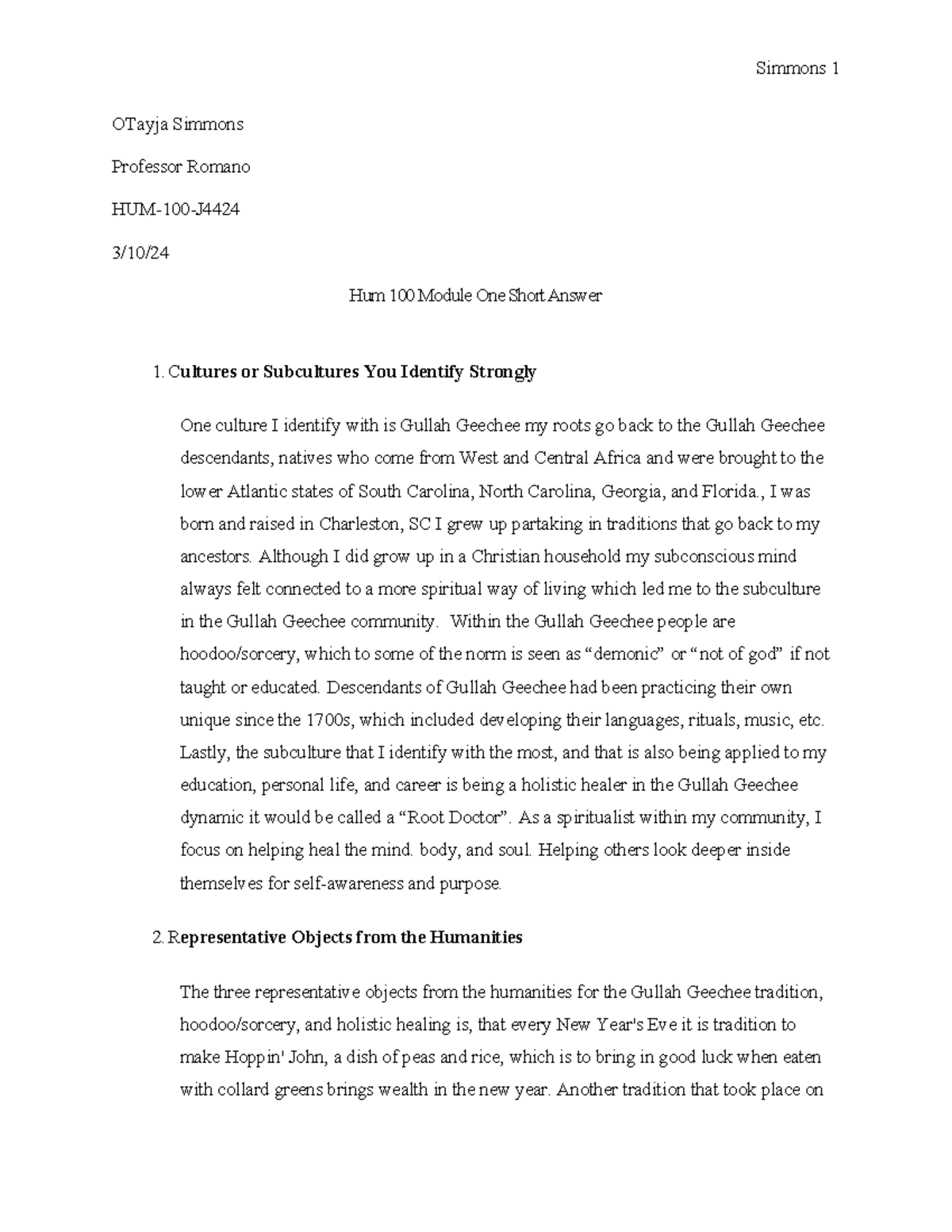 Hum 100 Module One Short Answer - Simmons 1 OTayja Simmons Professor ...