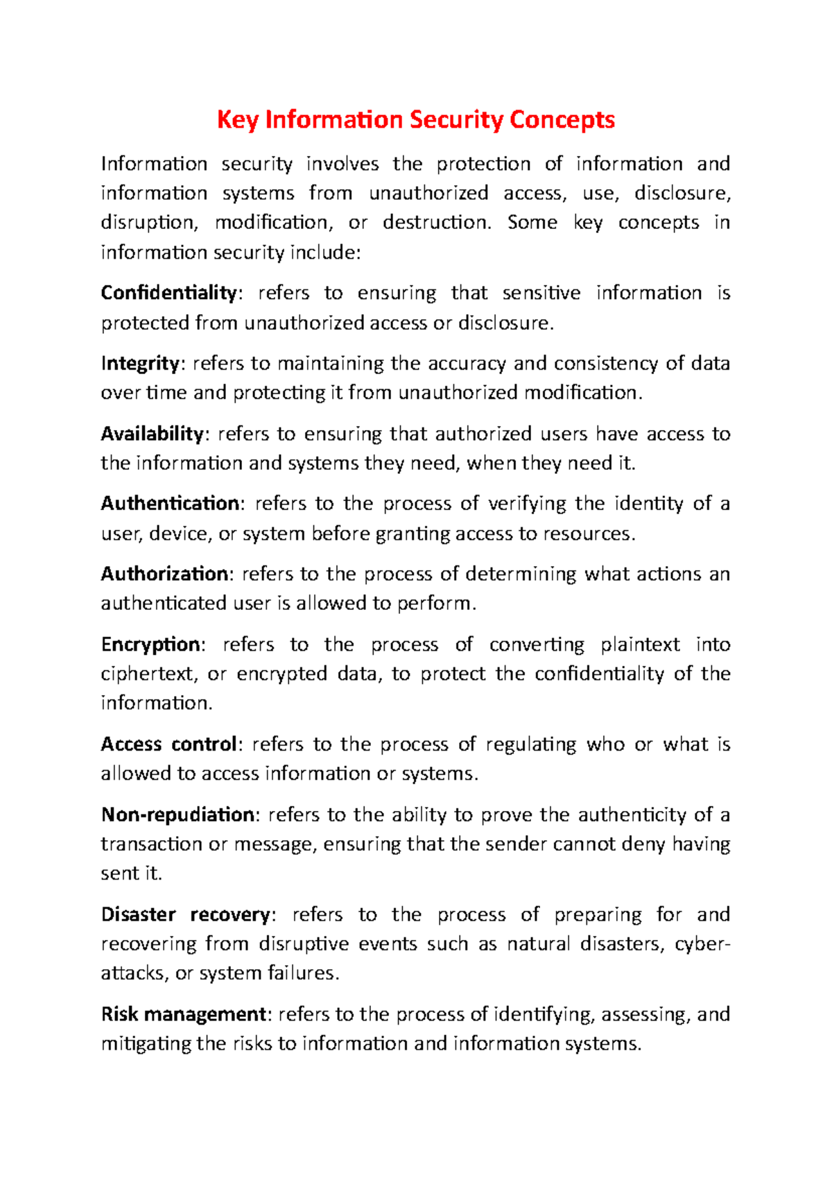 Key Information Security Concepts Key Information Security Concepts Information Security