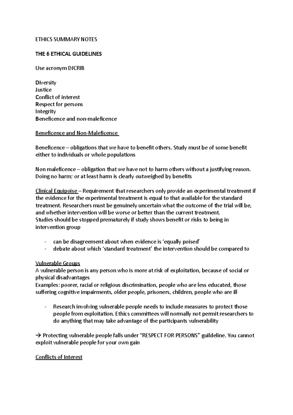 L22 - Ethics Summary Notes - ETHICS SUMMARY NOTES THE 6 ETHICAL ...