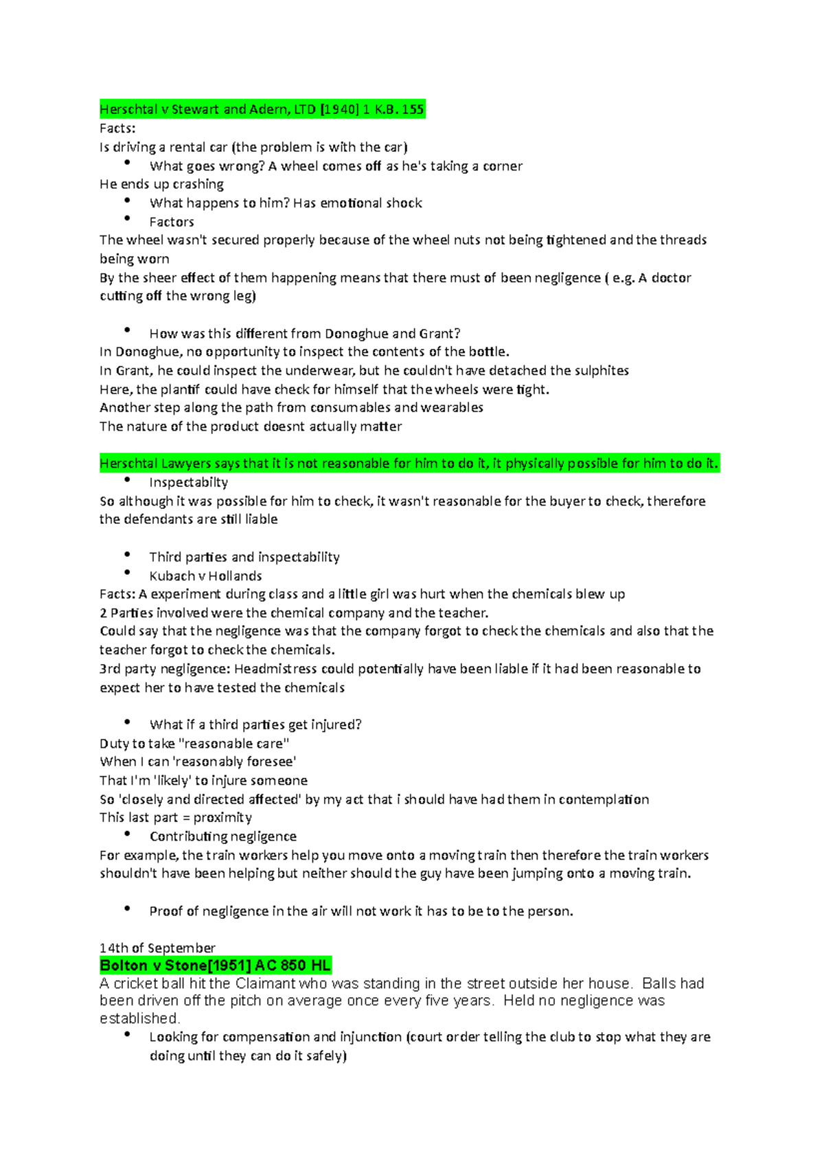 Negligence Lecture notes - Herschtal v Stewart and Adern, LTD [1940] 1 ...
