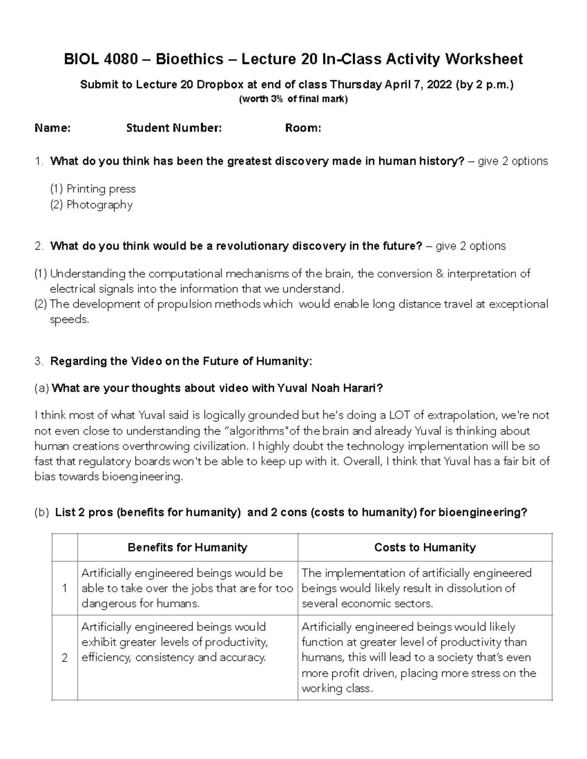 Class Activity 6 - BIOL 4080 – Bioethics – Lecture 20 In-Class Activity ...