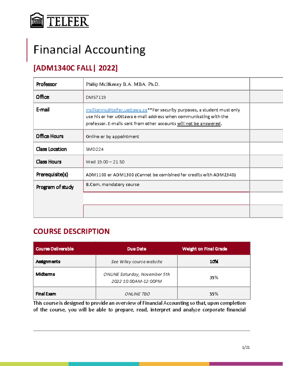ADM1340 C FALL 2022 - Syllabus + course outline - Financial Accounting ...