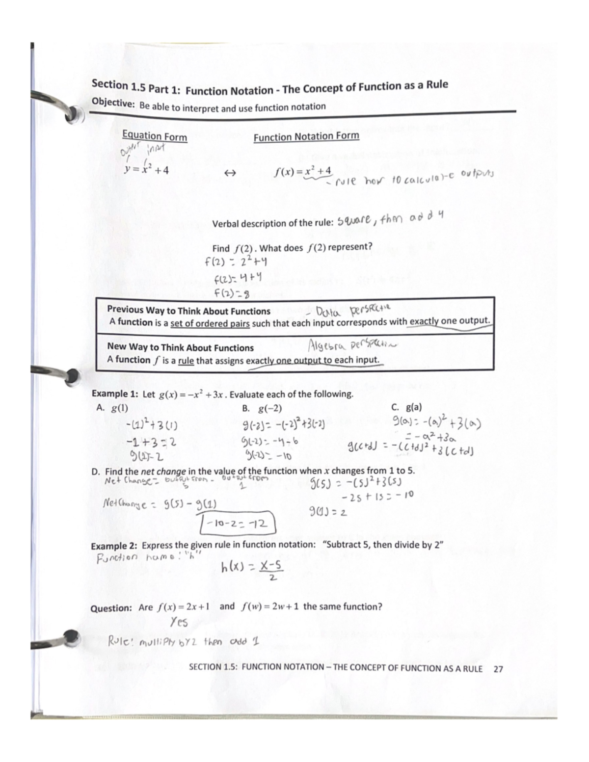 Section 1.5 Part 1 Function Notation - The Concept of Function as a Rule - What does f (2) - Studocu
