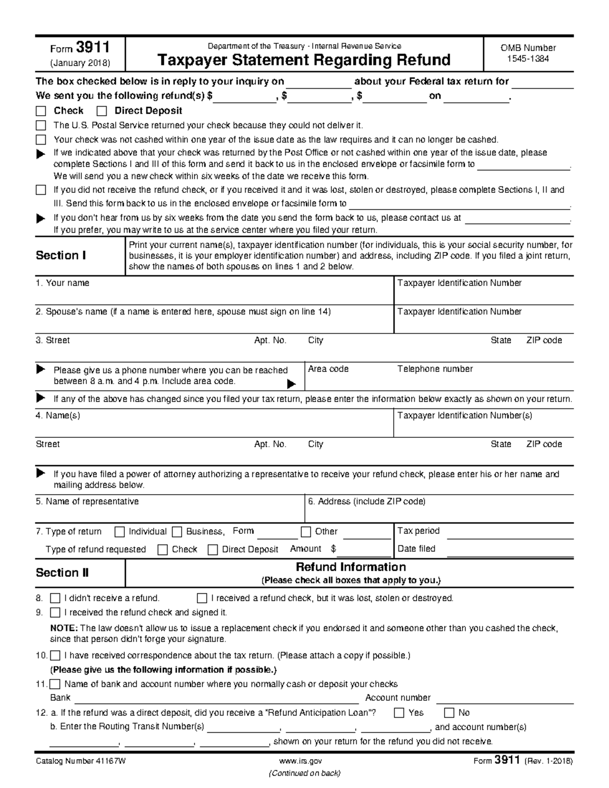 F3911 - Catalog Number 41167W irs Form 3911 (Rev. 1-2018) (Continued on ...