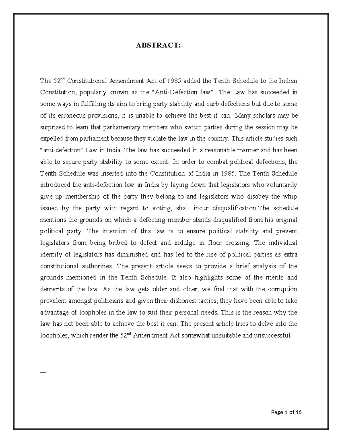Anti-defection Law Article - ABSTRACT:- The 52 nd Constitutional ...