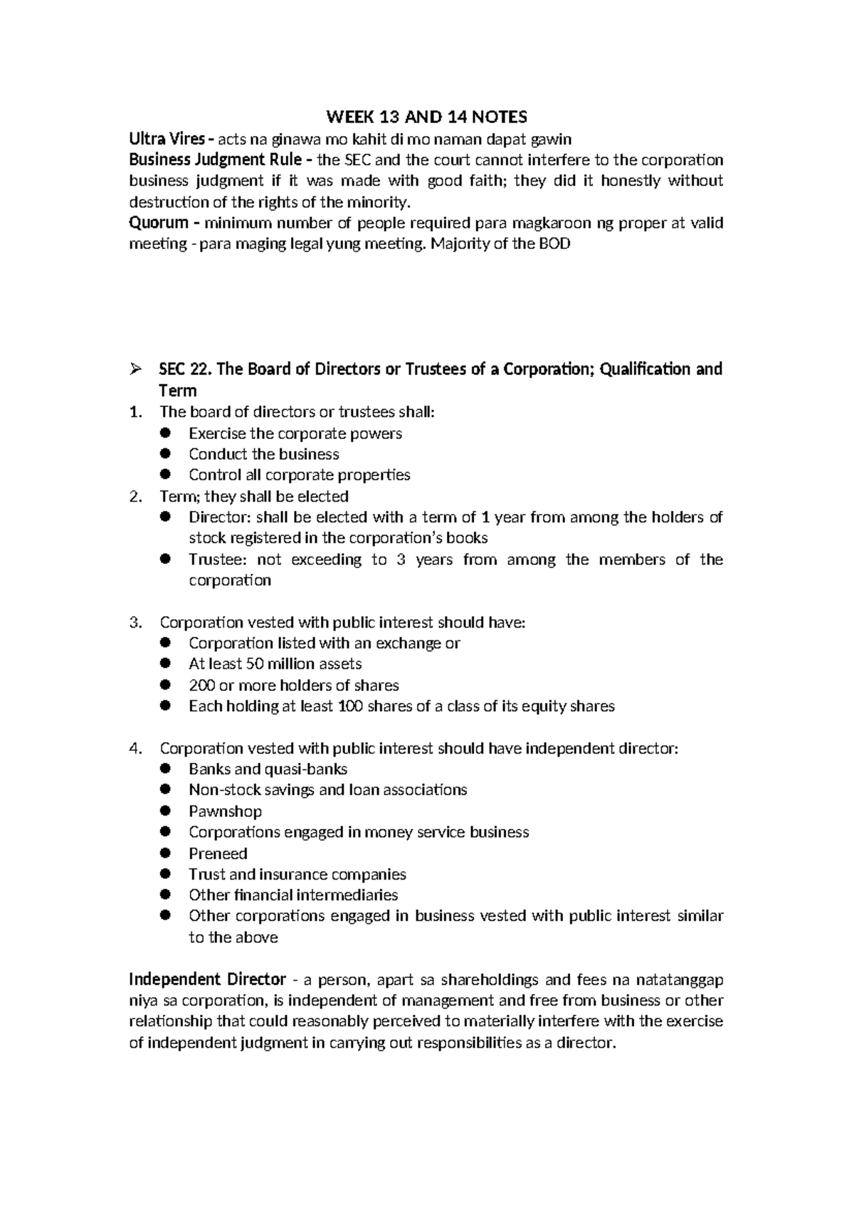 WEEK 13 AND 14 Notes - WEEK 13 AND 14 NOTES Ultra Vires - acts na ...