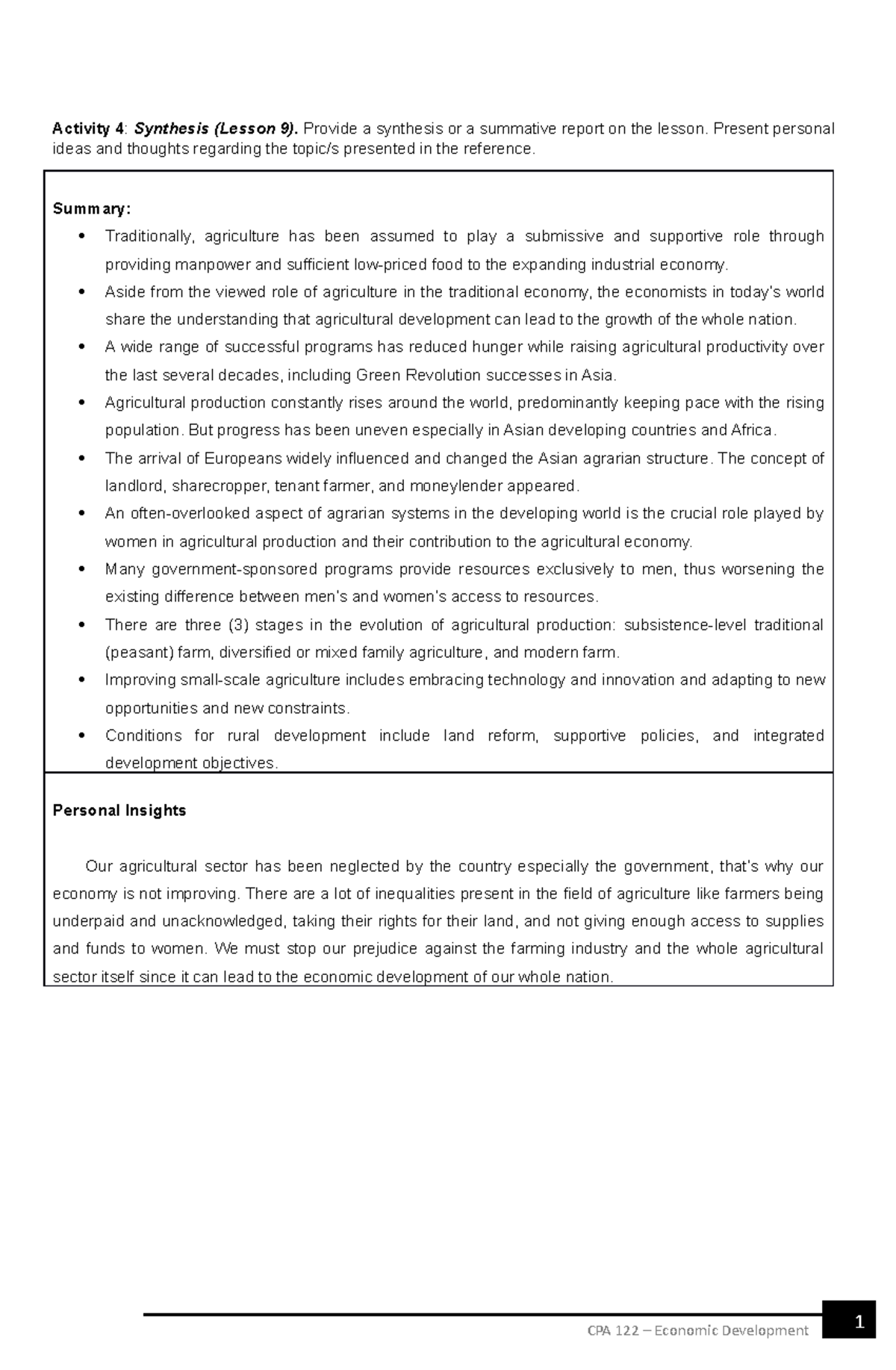 Activity 4 Synthesis - Summary - Activity 4 : Synthesis (Lesson 9 ...